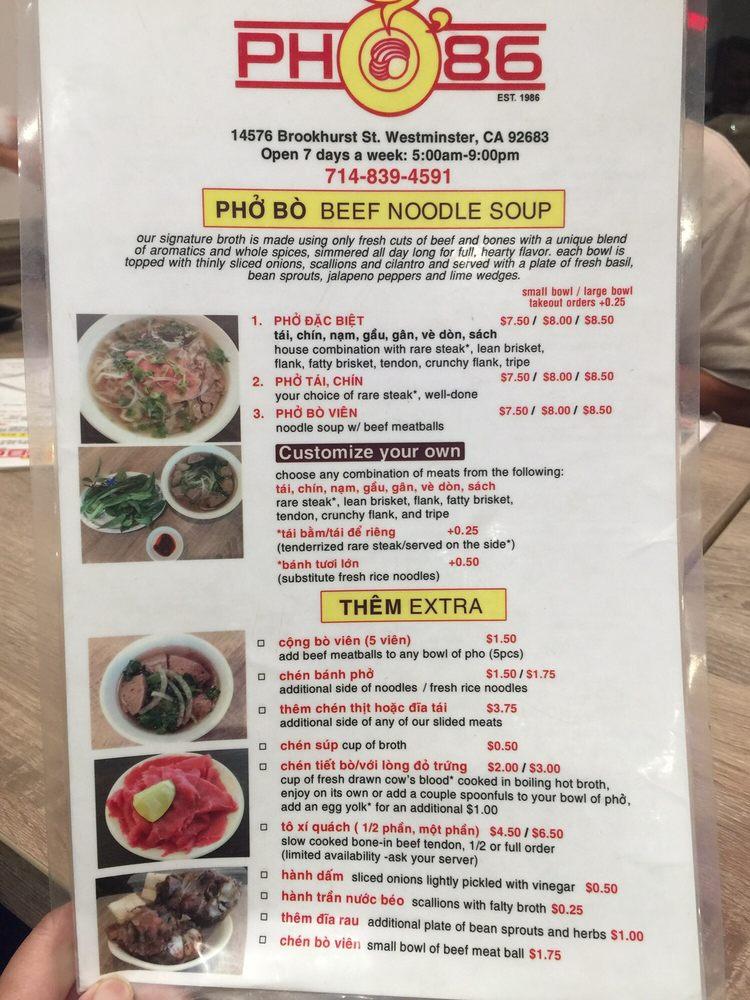 Menu at Phở 86 Restaurant, Westminster, Brookhurst St