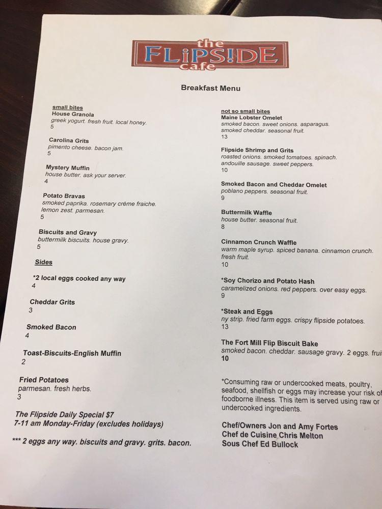 Menu at The Flipside Cafe, Fort Mill