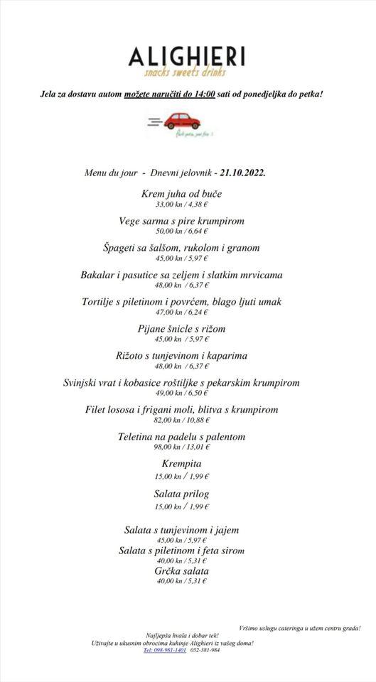 Menu at Bistro Alighieri restaurant, Pula