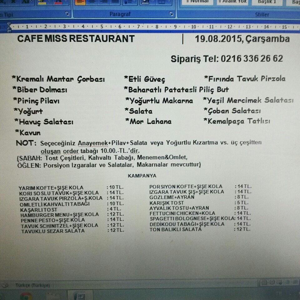 Menu at Cafe Miss, Istanbul, Kasap İsmail Sk. No:3