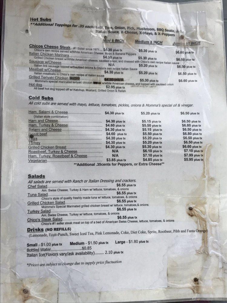 Menu at Chico's Sub Shop fast food, Orlando