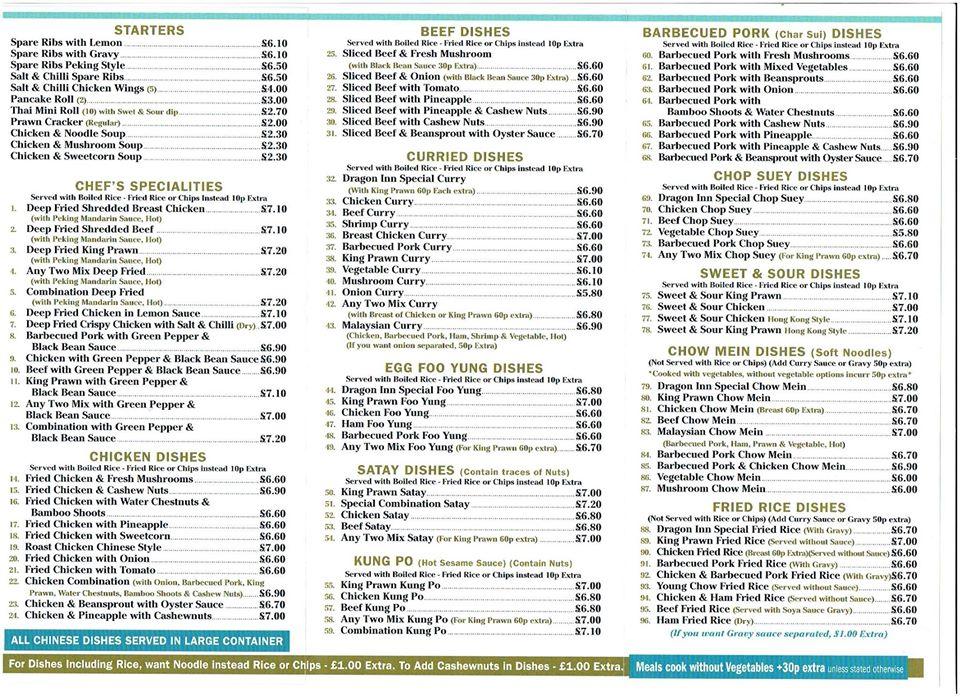 Menu at Dragon Inn fast food, Wishaw