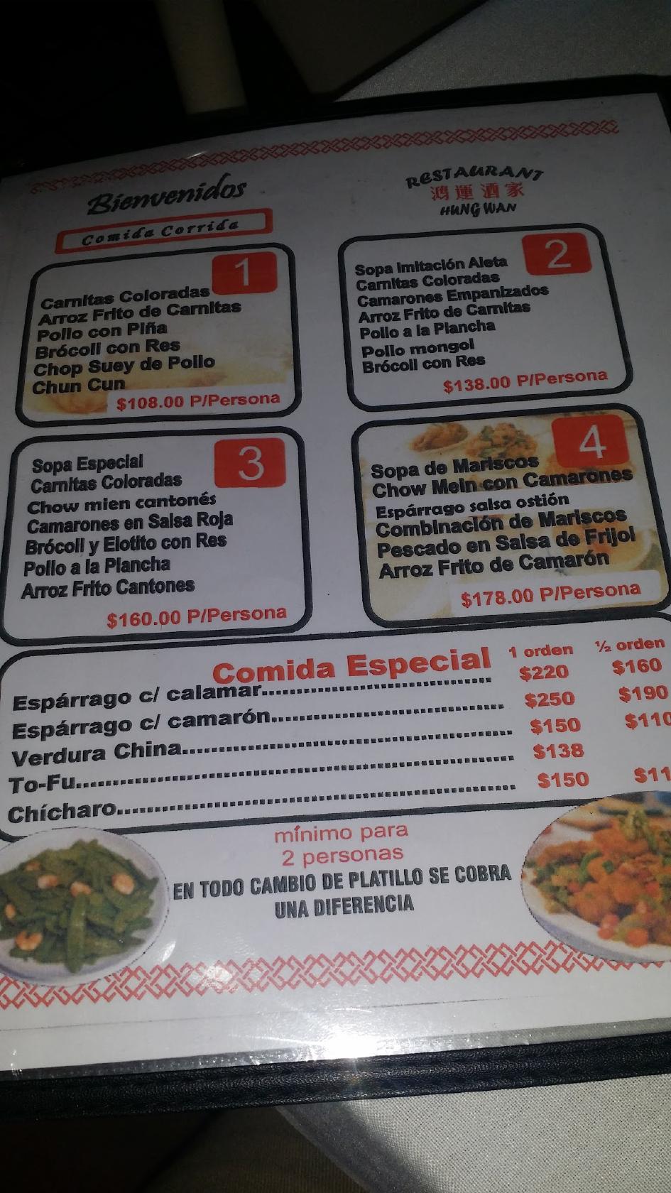 Carta de RESTAURANT HUNG WAN, Mexicali