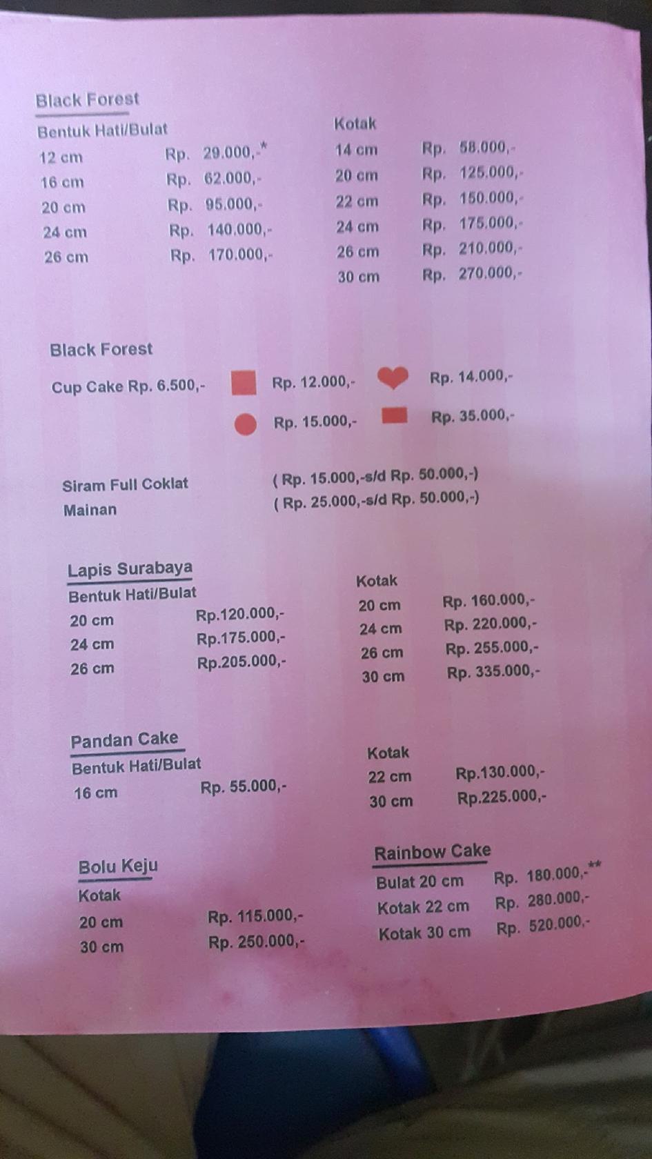 Menu at Lotus Bakery & Cake, East Jakarta