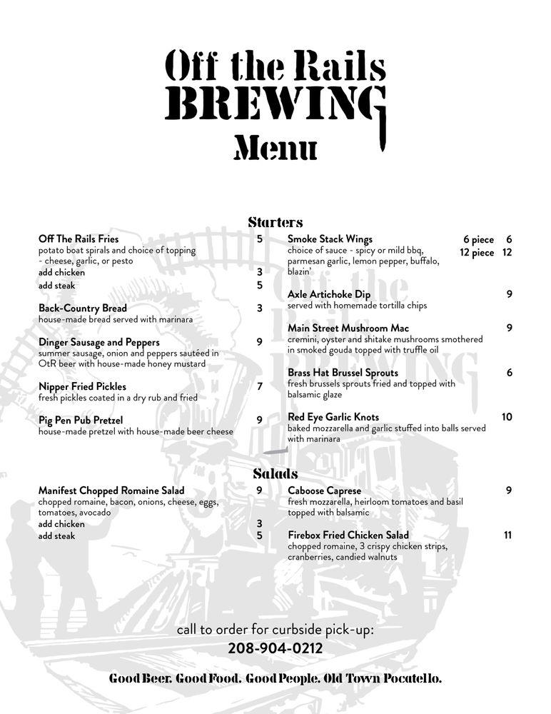 Menu at Off The Rails Brewing restaurant, Pocatello