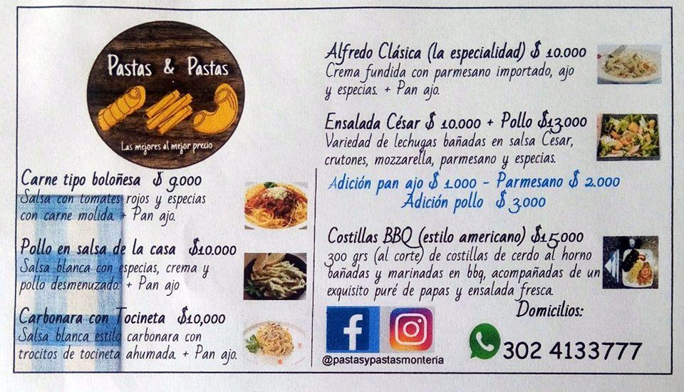 Menu at Pastas & Mas restaurant, Colombia