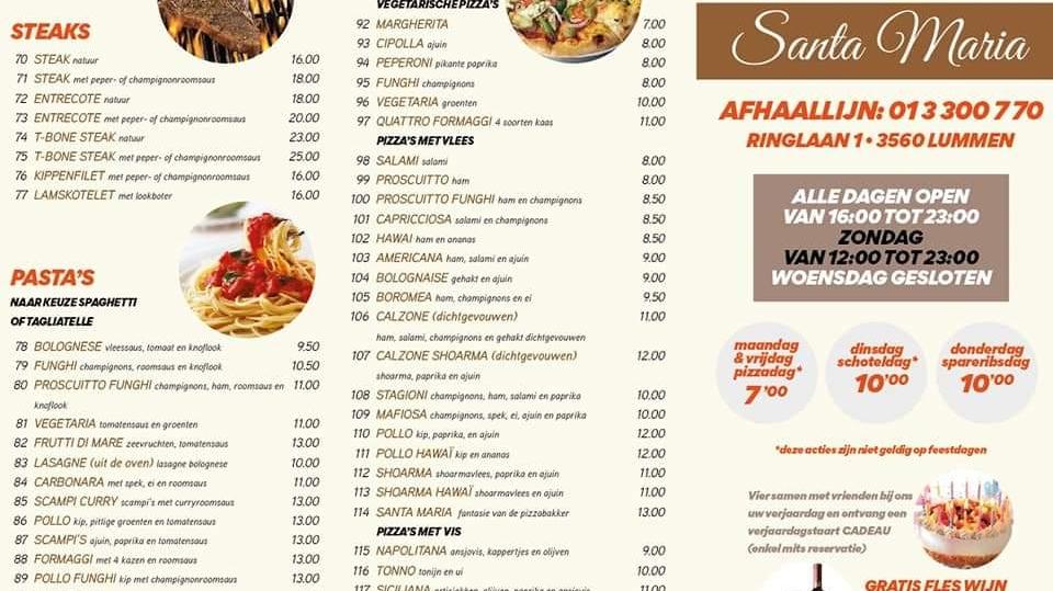 Menu at Santa Maria, Lummen