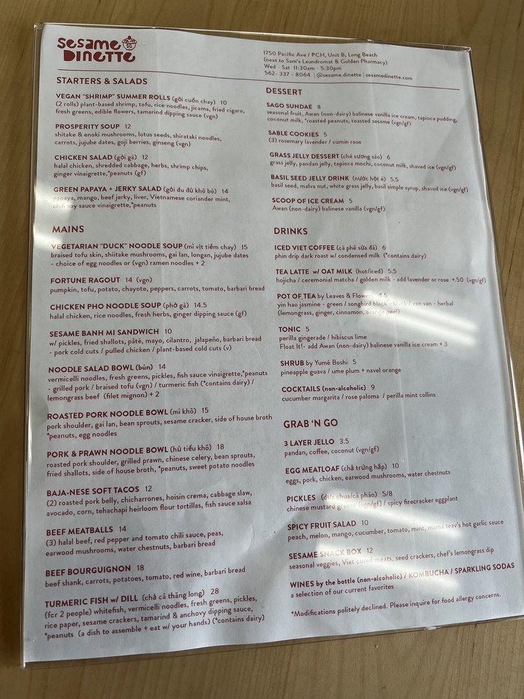Menu at Sesame Dinette cafe, Long Beach