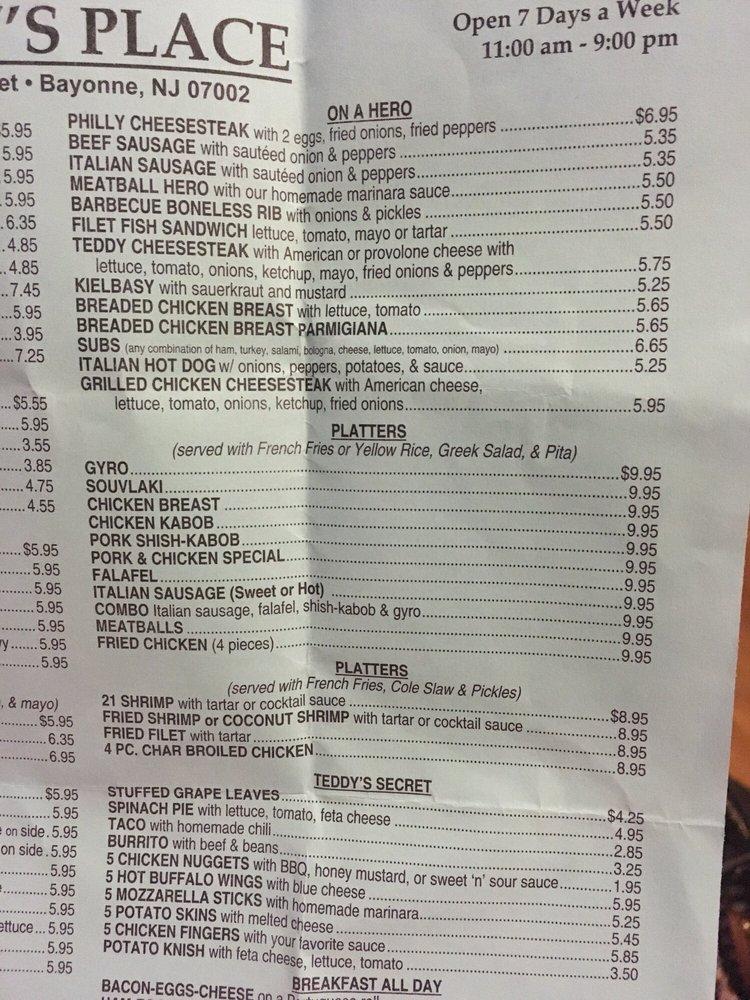 Menu at Teddy’s Place restaurant, Bayonne
