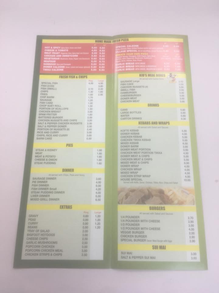 Menu at The Village Fryer fast food, Burtonwood