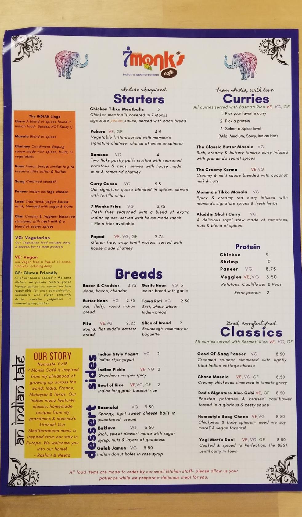 Carta de 7 Monk's Café- Indian & Mediterranean, New Braunfels