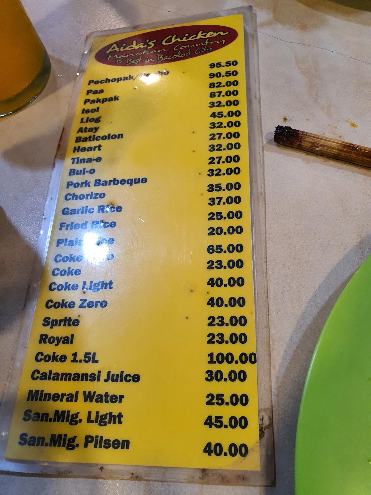 Menu at Aida restaurant, Bacolod