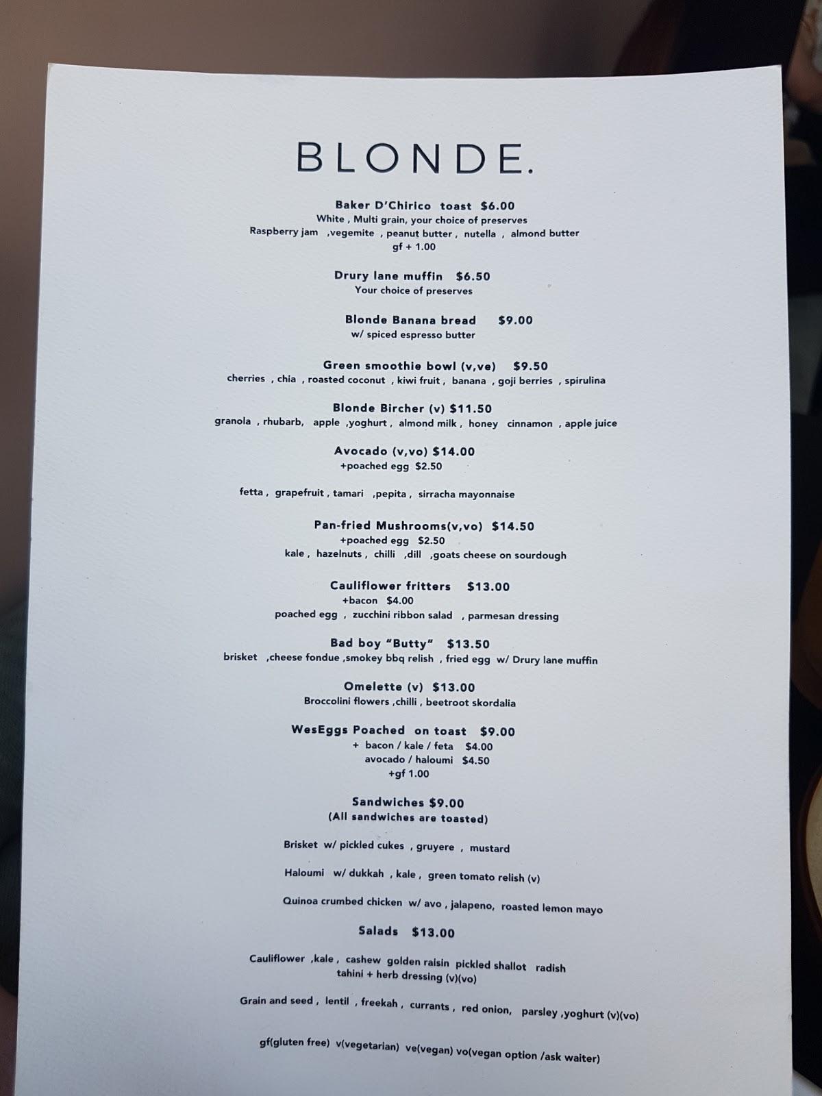Menu at Blonde Food and Drink cafe, Fitzroy