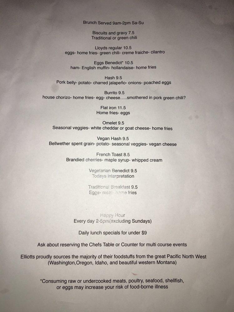 Menu at Elliotts an urban kitchen restaurant, Spokane