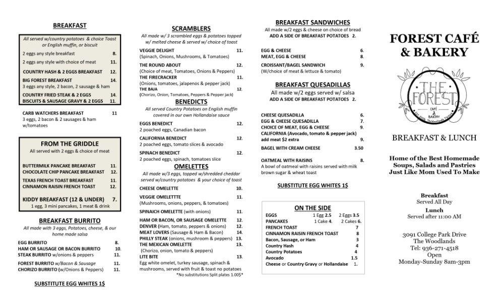 Menu at Forest Cafe & Bakery, The Woodlands