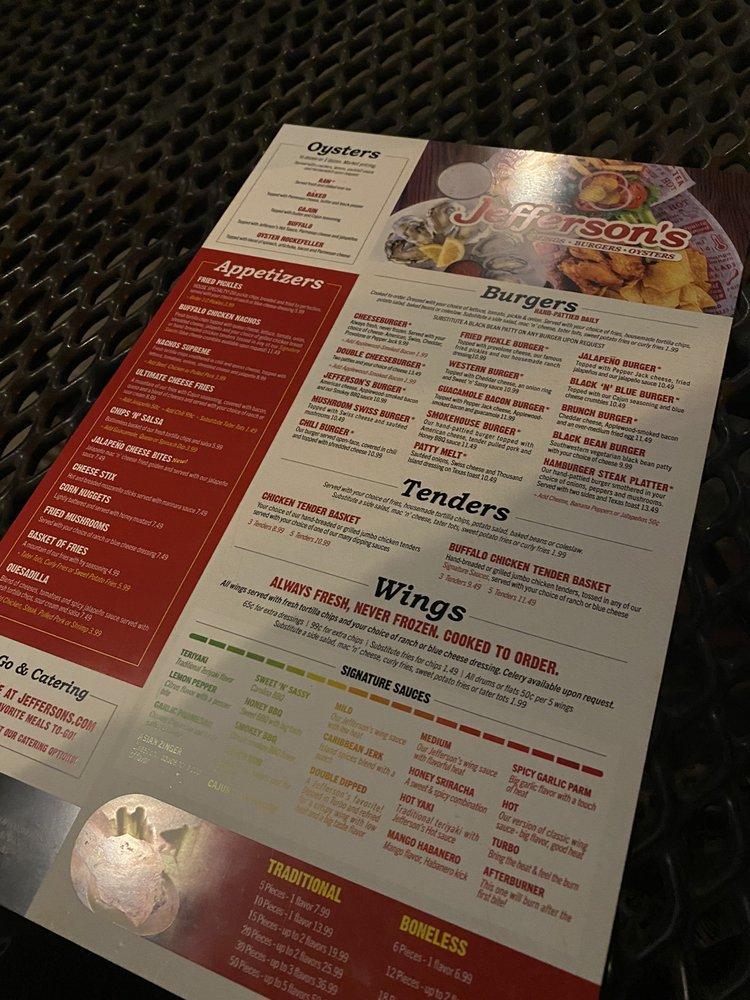 Menu at Jefferson's restaurant, Rainbow City