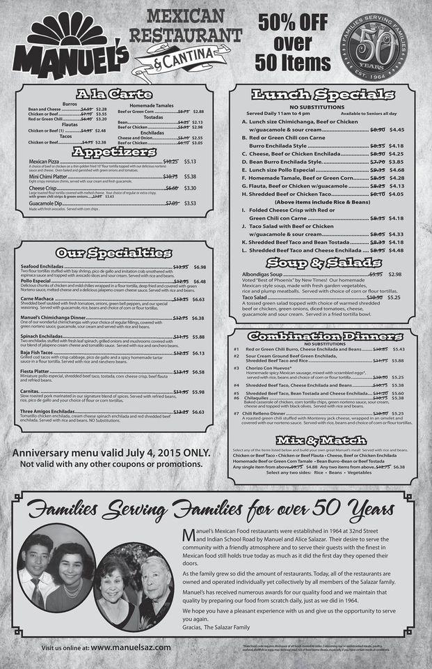 Menu at Manuel's Mexican Restaurant & Cantina, Scottsdale, E Mountain ...