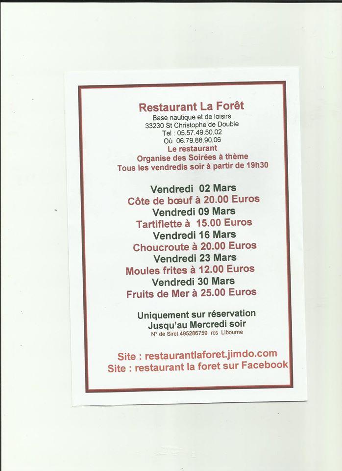 Menu at Restaurant la Forêt, Saint-Christophe-de-Double