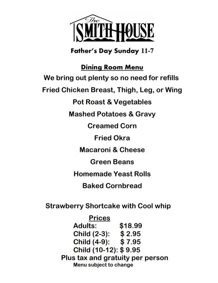 Menu at The Smith House restaurant, Dahlonega, 84 S Chestatee St