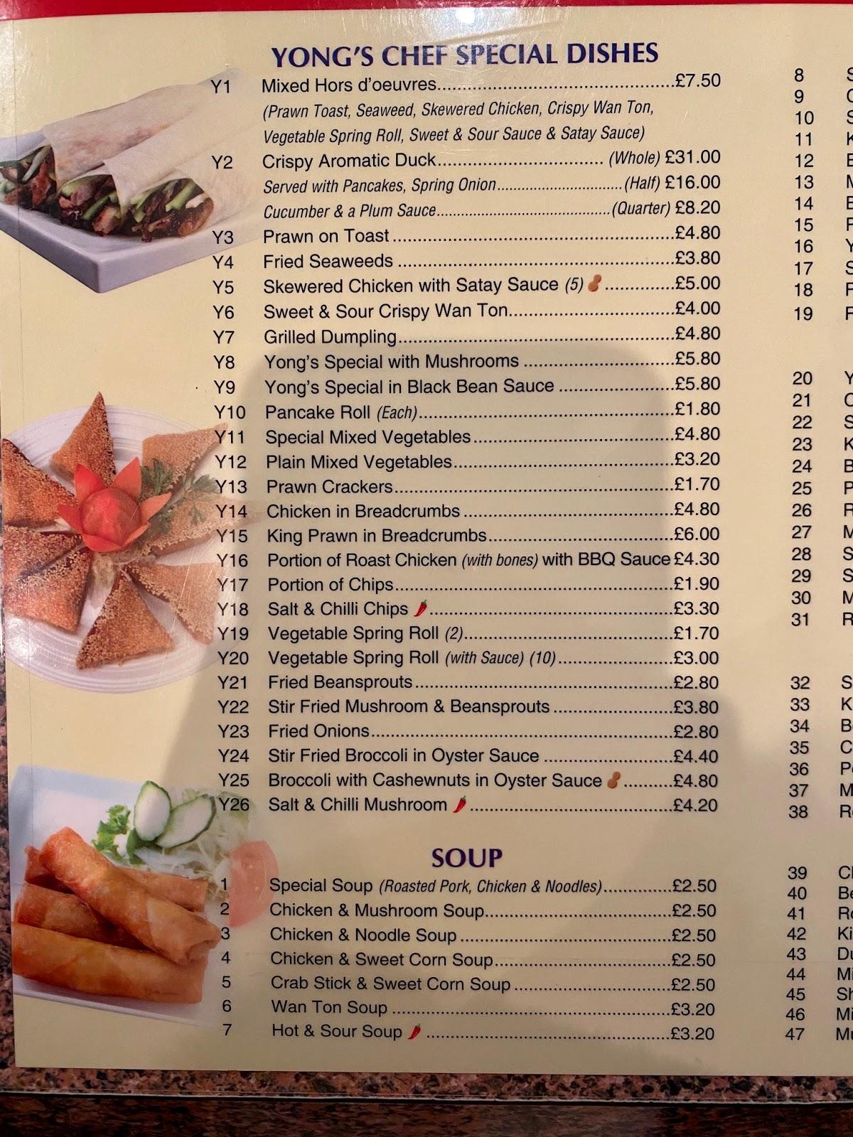 Menu at Yong’s Chinese Take-Away restaurant, Dagenham, East