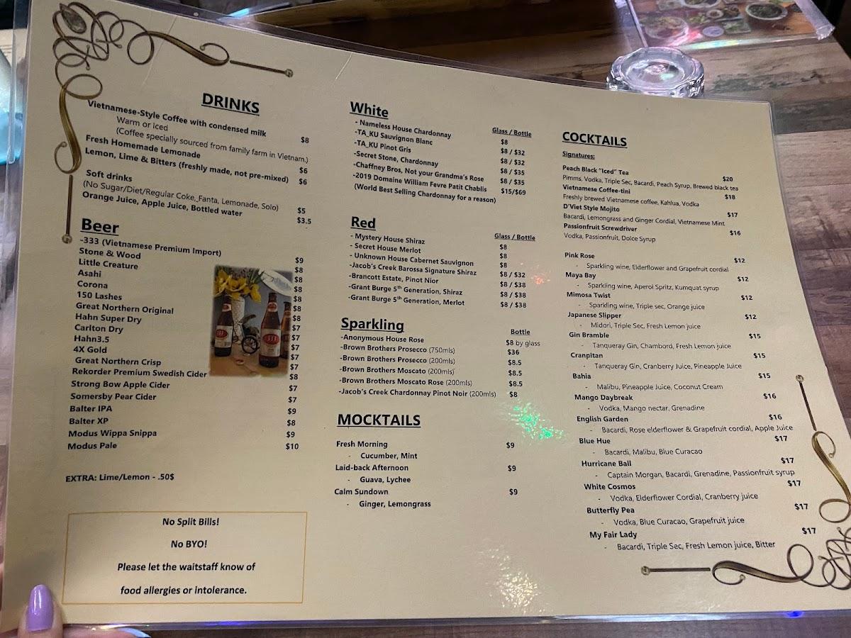 Menu at D'viet House restaurant, Airlie Beach