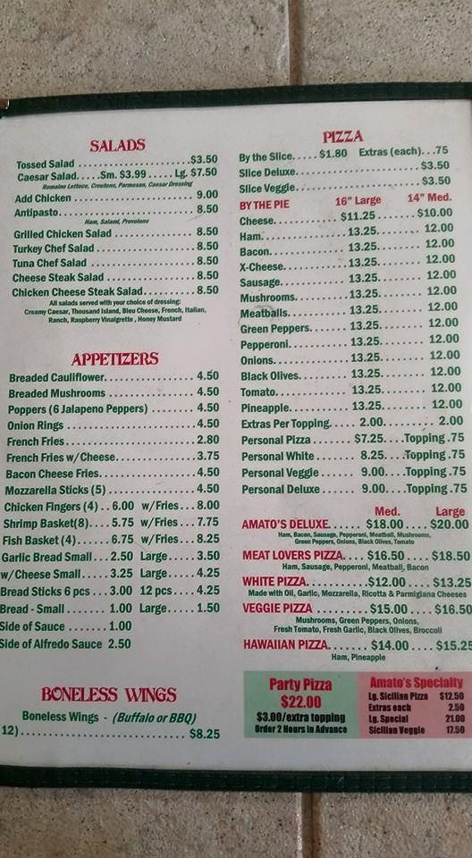 Menu at Amato's pizzeria, Selinsgrove