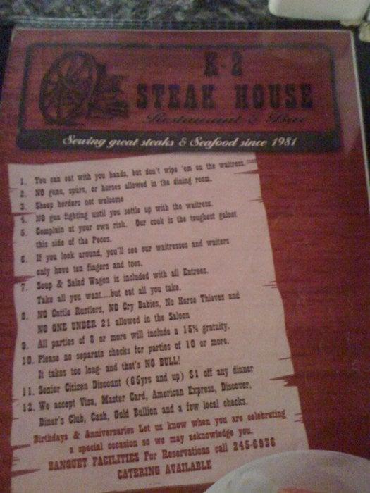 Menu at K-2 Steak House steakhouse, Bay City