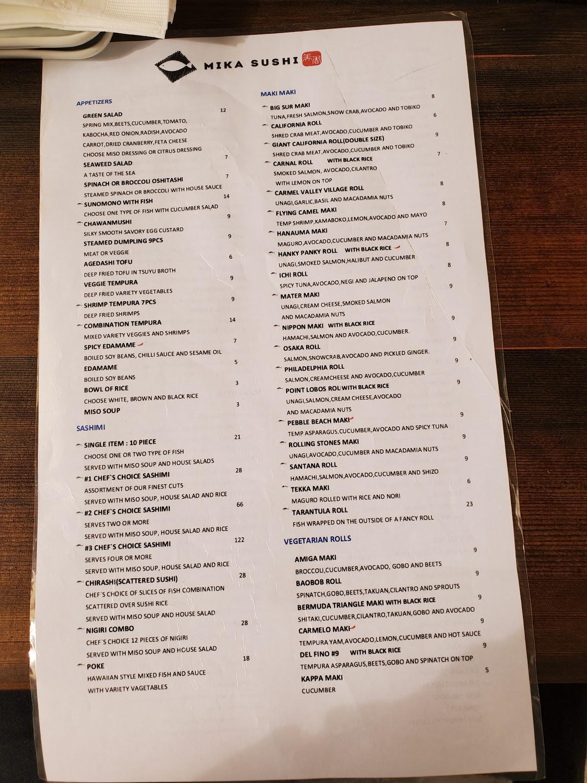 Menu at MIKA SUSHI restaurant, Carmel Valley, 9 Del Fino Pl