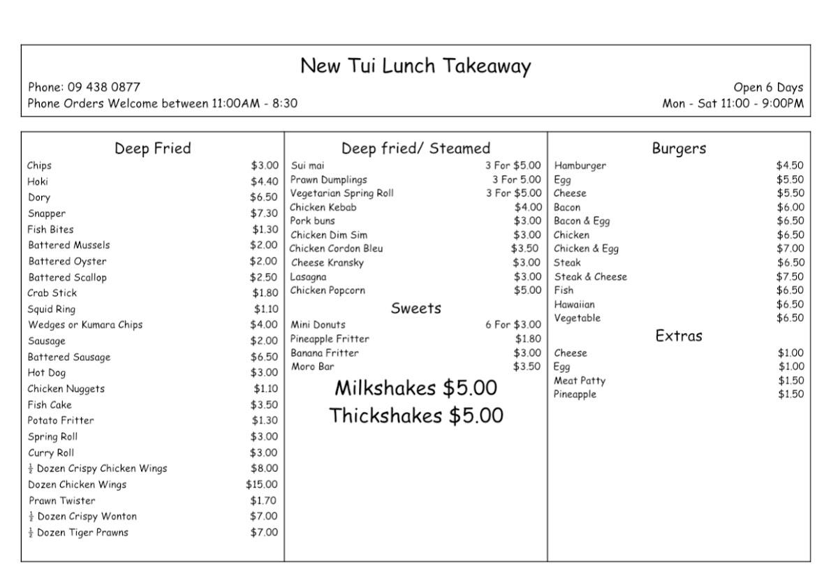 Menu at New Tui Lunch Takeaway restaurant, Whangarei