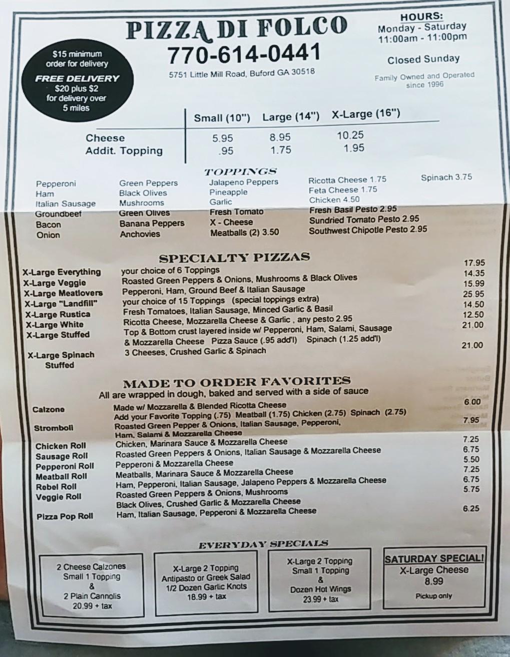 Menu at Pizza Di Folco pizzeria, Buford
