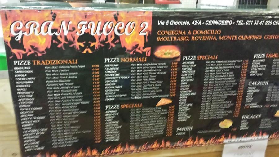 Menu da Pizza Gran Fuoco 2 pizzeria, Cernobbio