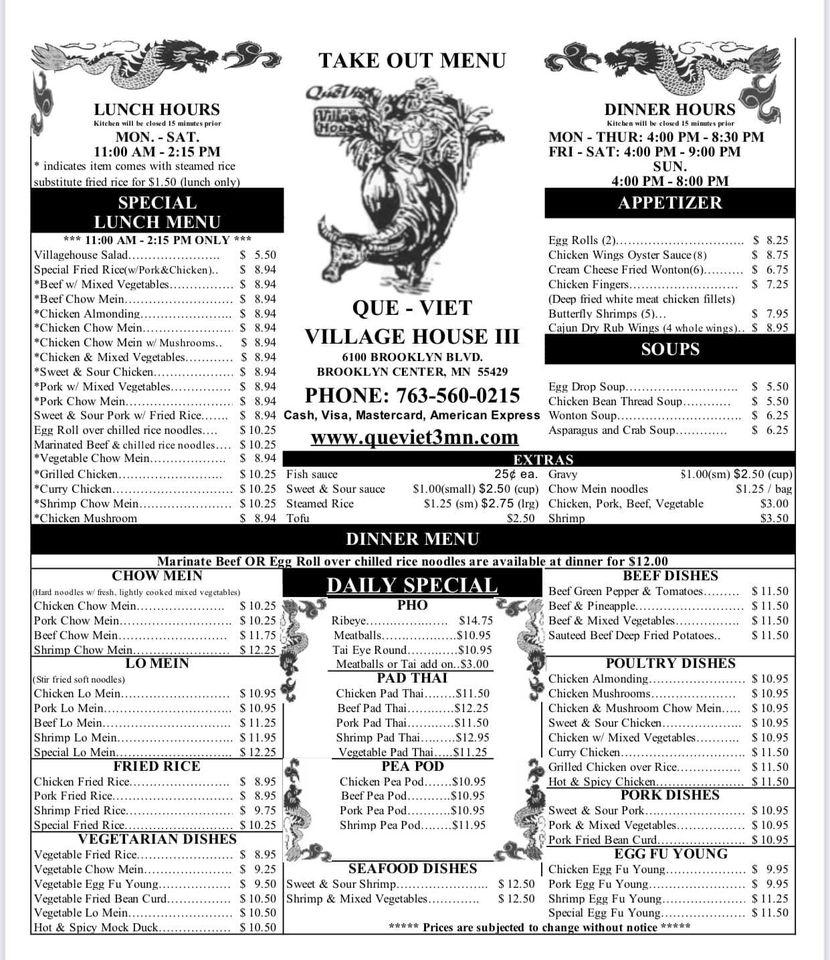 Menu at Que Viet Village House 3 restaurant, Brooklyn Center