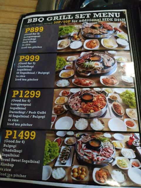 Menu at Seoul Korean Restaurant, Subic Bay Freeport Zone