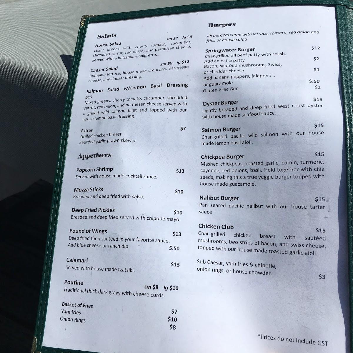 Menu at Springwater restaurant, Mayne Island