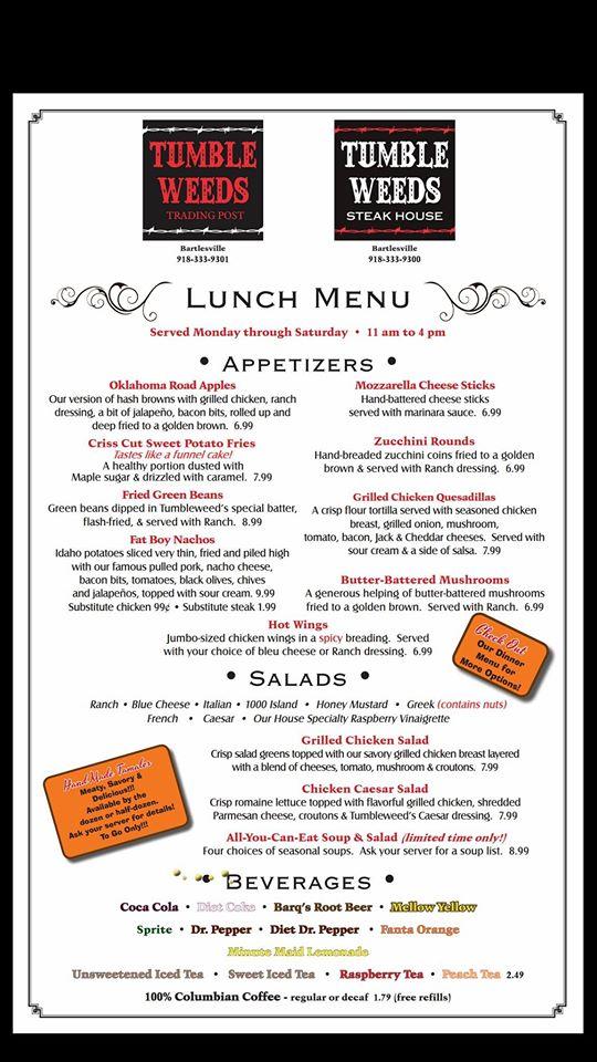Menu at Tumble Weeds Steak House steakhouse, Bartlesville