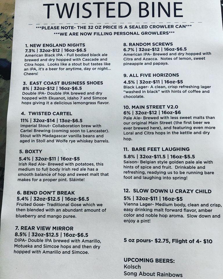 Menu at Twisted Bine pub & bar, Mount Joy