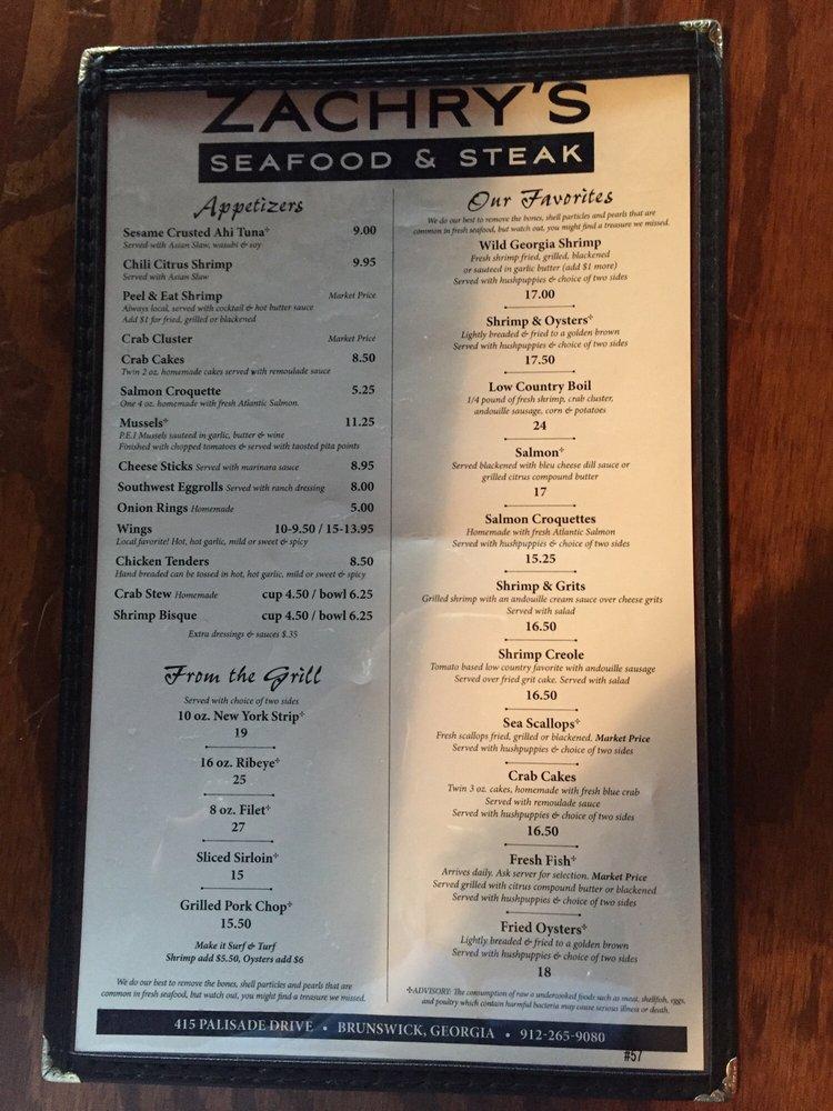 Menu at Zachry's Seafood Restaurant, Dock Junction