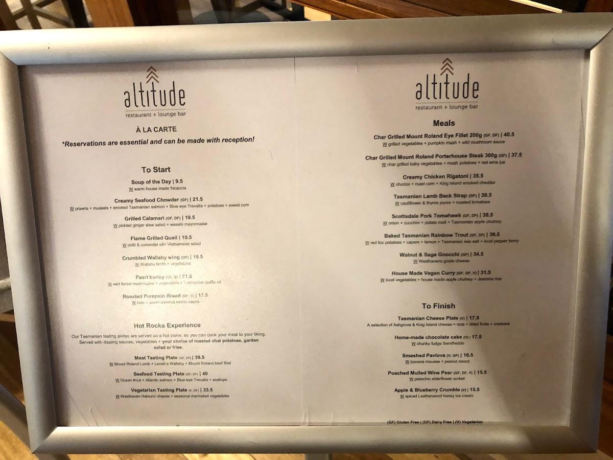 Menu at Altitude Restaurant + Lounge Bar, Cradle Mountain, Cradle ...