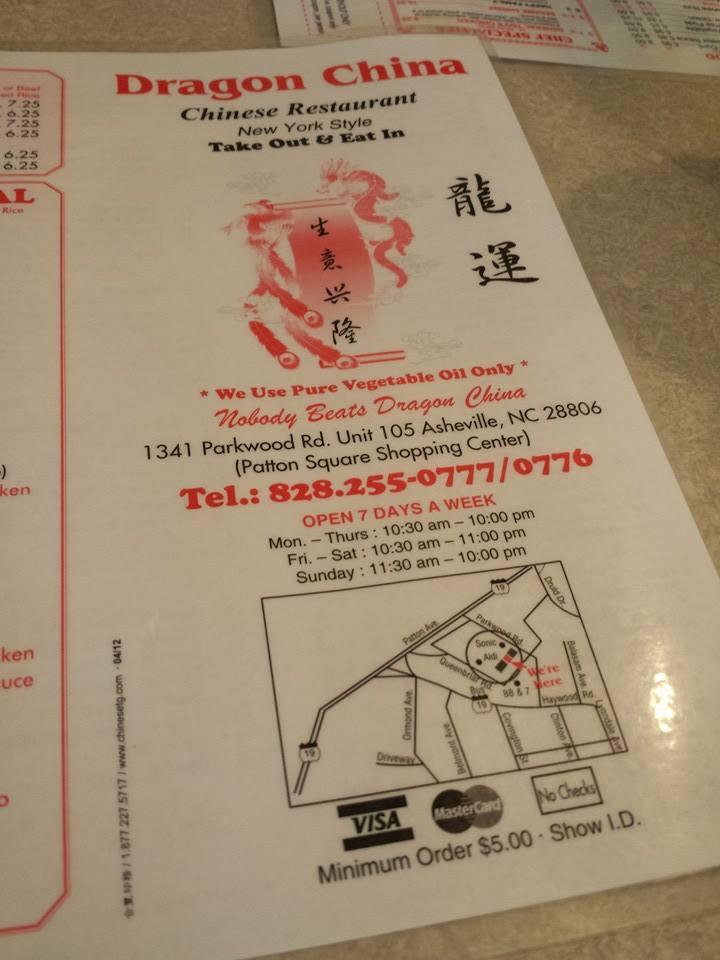Menu at Dragon China restaurant, Asheville