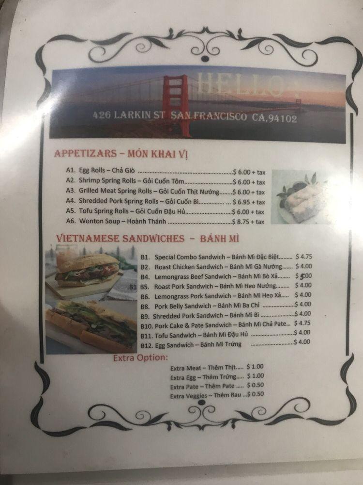 Menu at Hello Sandwich & Noodle restaurant, San Francisco