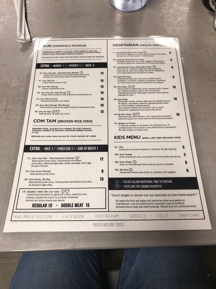 Menu at KALM Bistro restaurant, Gray