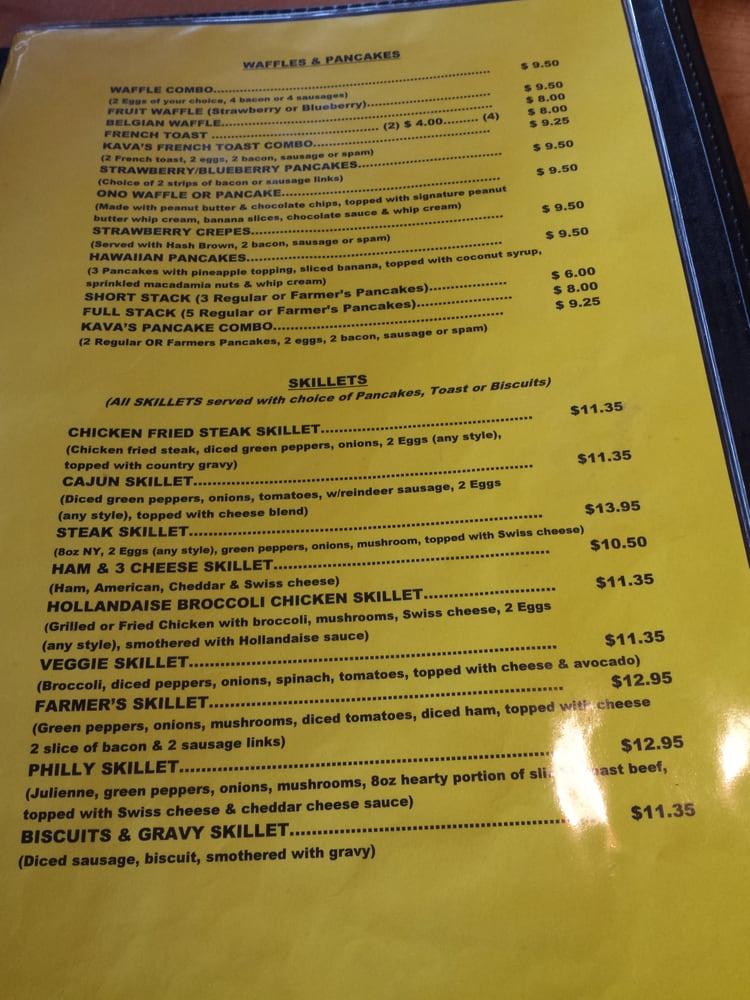 Menu at Kava's Pancake House restaurant, Anchorage, 100 Muldoon Rd