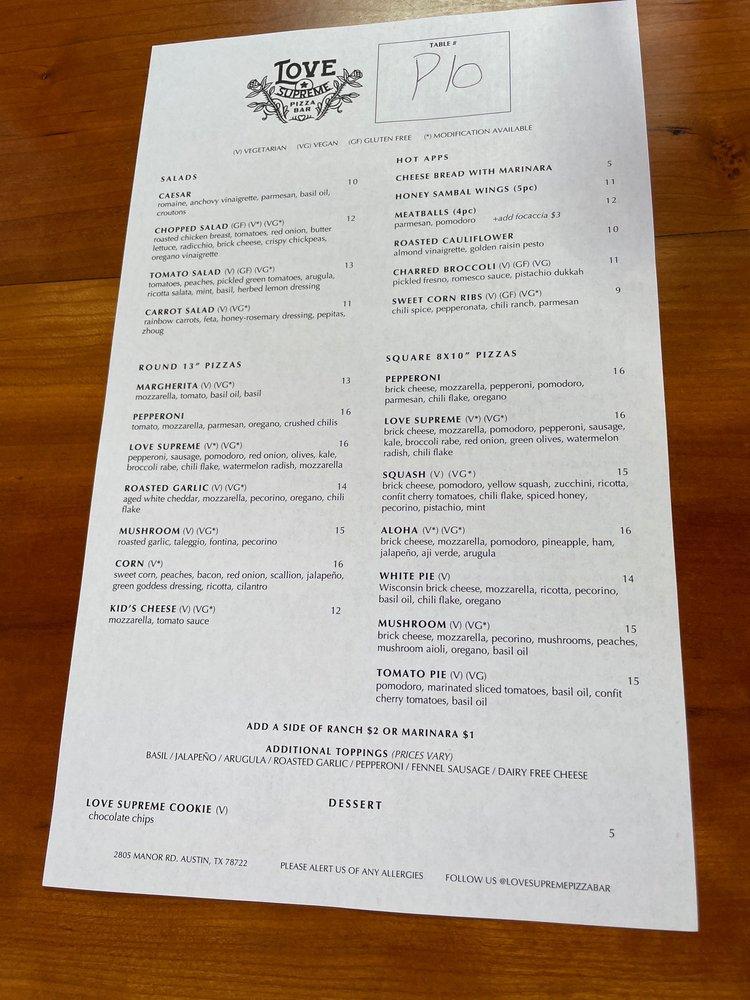 Menu at Love Supreme Pizza Bar, Austin