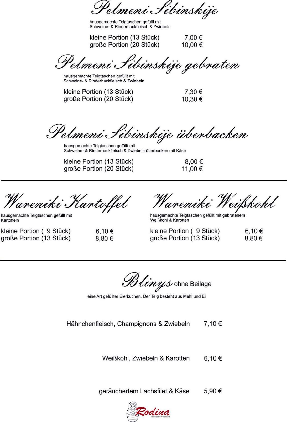 Speisekarte von Restaurant Rodina, Mittweida
