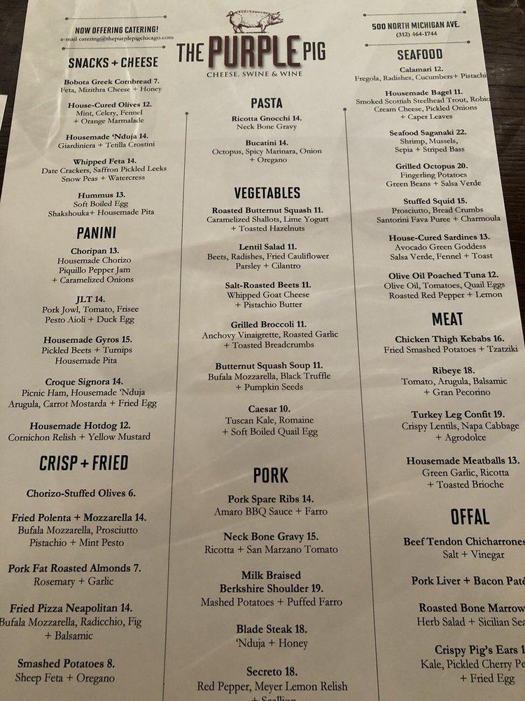 Menu at The Purple Pig Restaurant, Chicago, 444 Michigan Ave