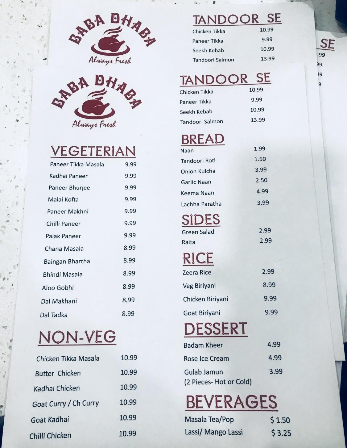 Menu at Baba Dhaba restaurant, Brampton, 255 Rutherford Rd S