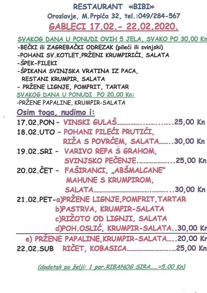 Menu at Restoran Bibi restaurant, Oroslavje