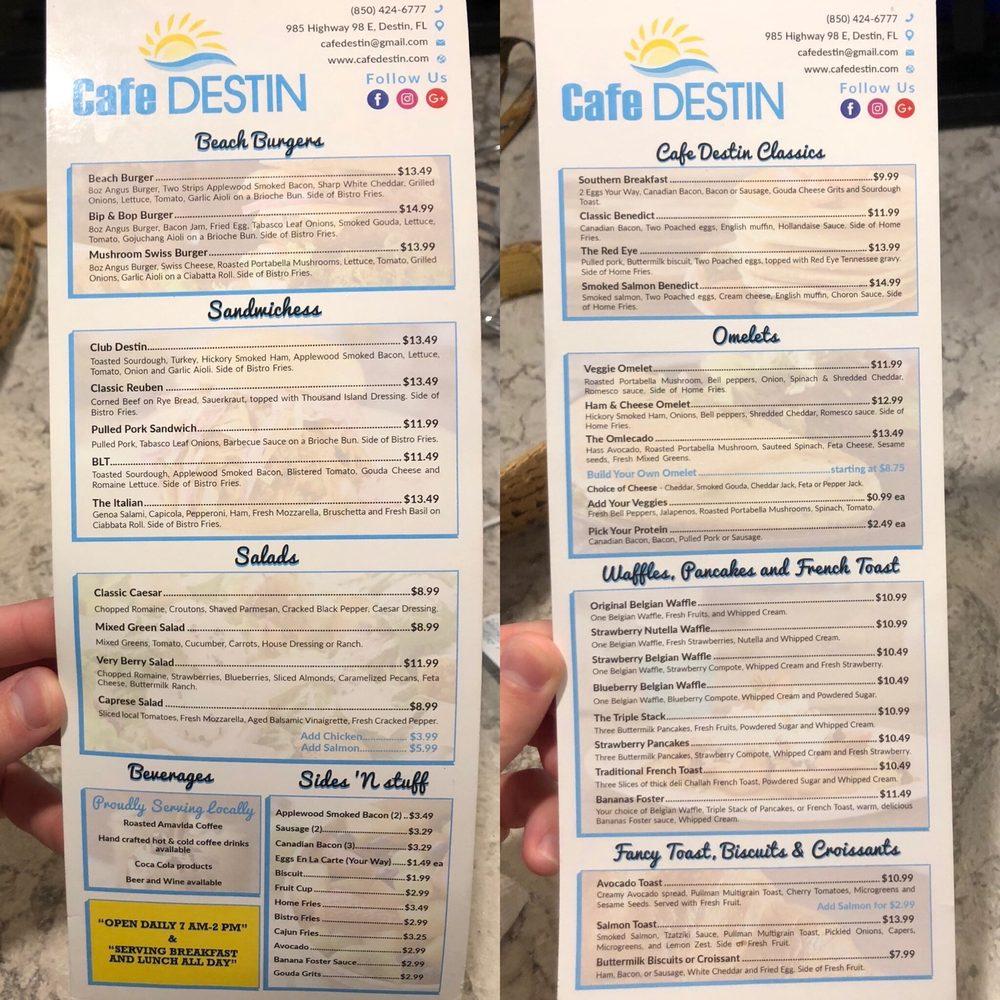 Menu at Cafe Destin, Destin