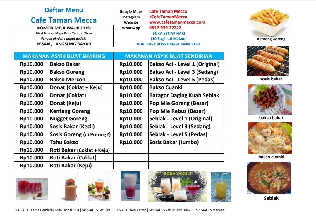 Menu at Cafe Taman Mecca, Bekasi Regency