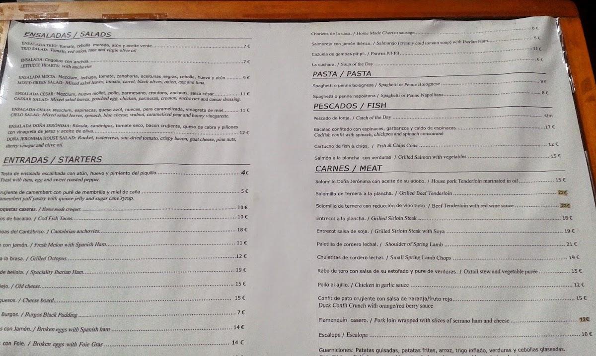 Carta del restaurante Casa Doña Jeronima, Estepona, Calle Gloria Fuertes